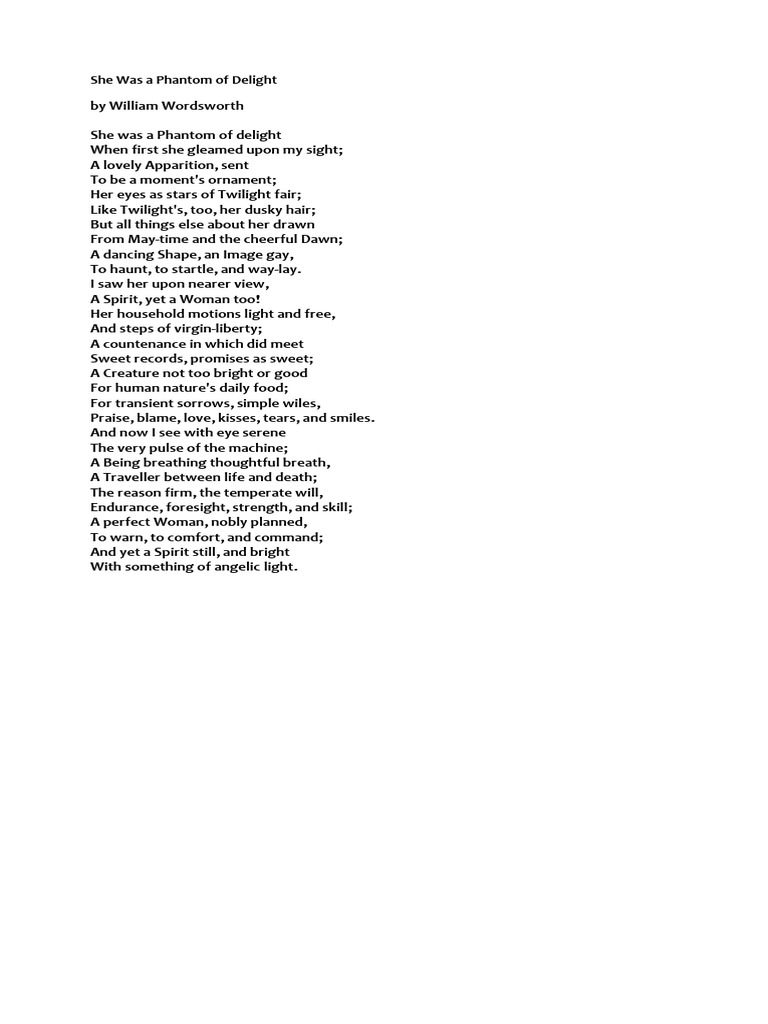 She Was A Phantom of Delight | PDF | William Wordsworth | Ghosts