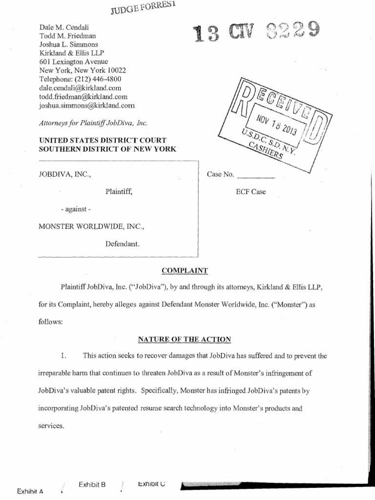 JobDiva vs. Monster Patent Dispute | PDF | Injunction | Patent Infringement