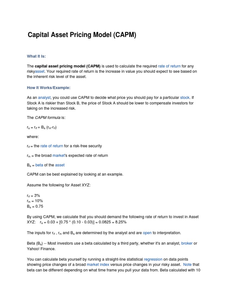 CAPM Defination and Example | PDF | Capital Asset Pricing Model | Beta ...