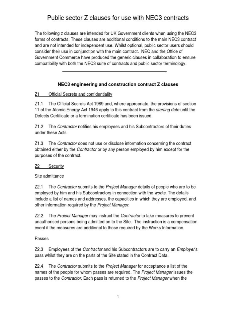 Public Sector Z Clauses For Use With NEC3 Contracts | PDF