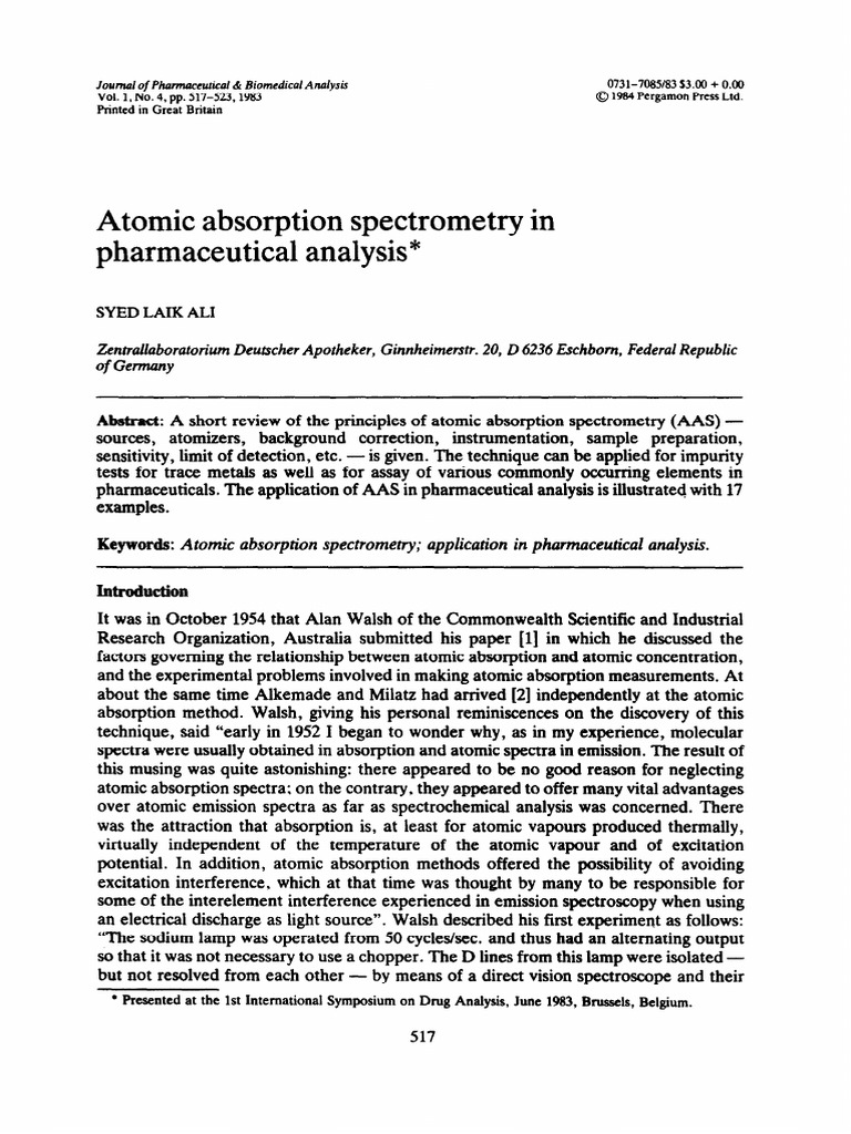 Atomic Absorption Spectrometry in Pharmaceutical Analysis | PDF ...
