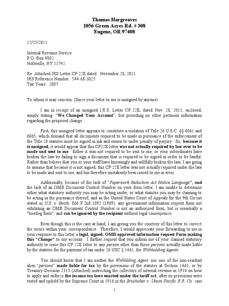 CP-22E IRS Response Letter | United States Federal Policy | Politics