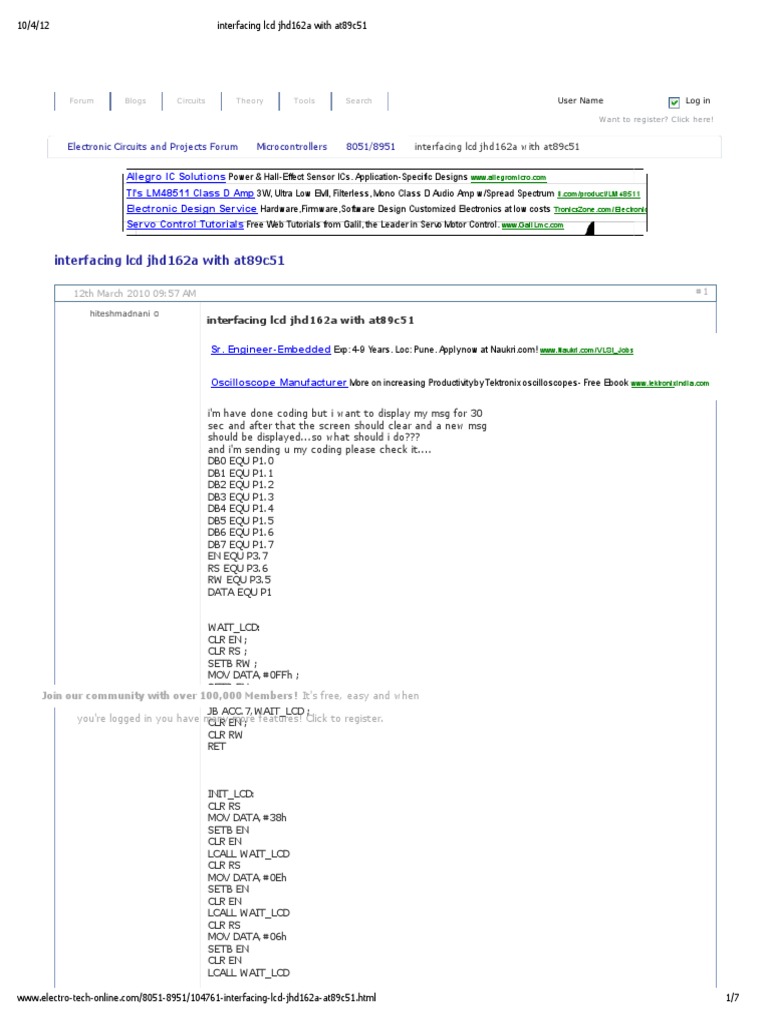 Interfacing LCD Jhd162a With At89c51 | PDF | Liquid Crystal Display ...