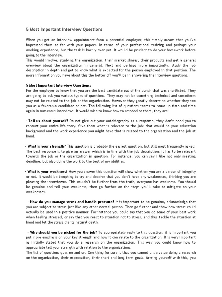 5 Most Important Interview Questions | PDF | Test (Assessment) | Homework