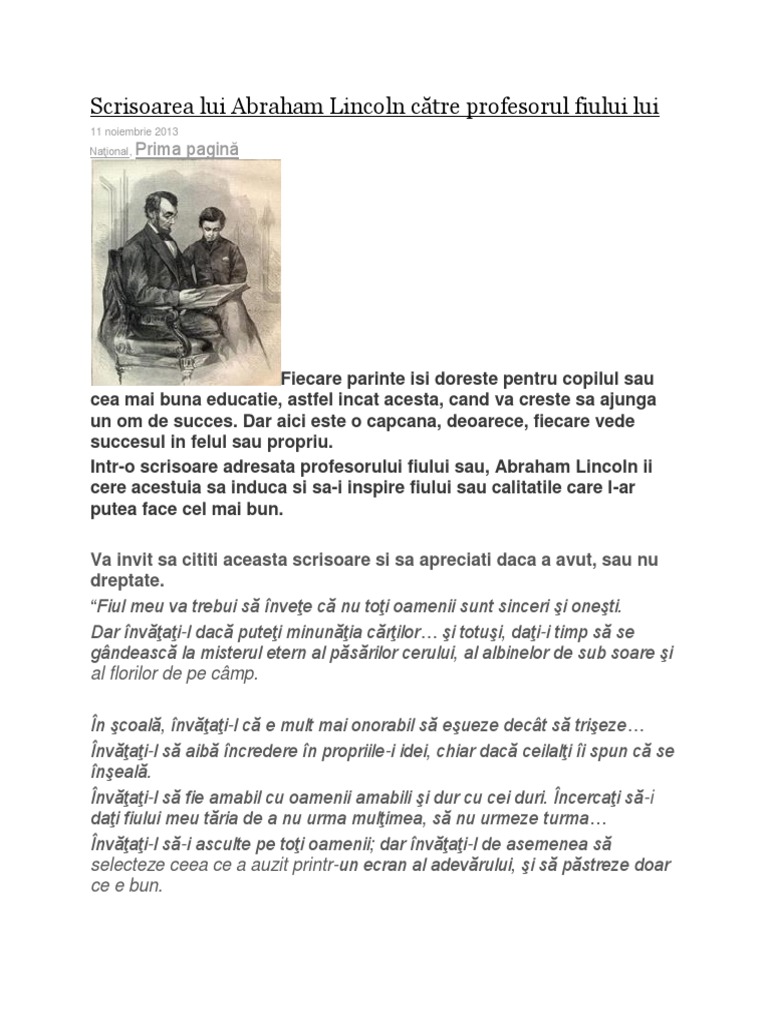 Scrisoarea Lui Abraham Lincoln Catre Profesorul Fiului Lui | PDF