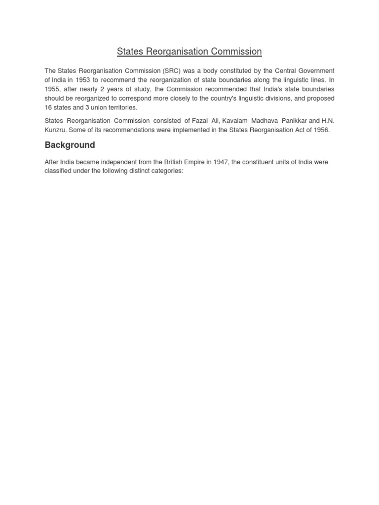 States Reorganisation Commission Overview | PDF | South Asia | Politics ...