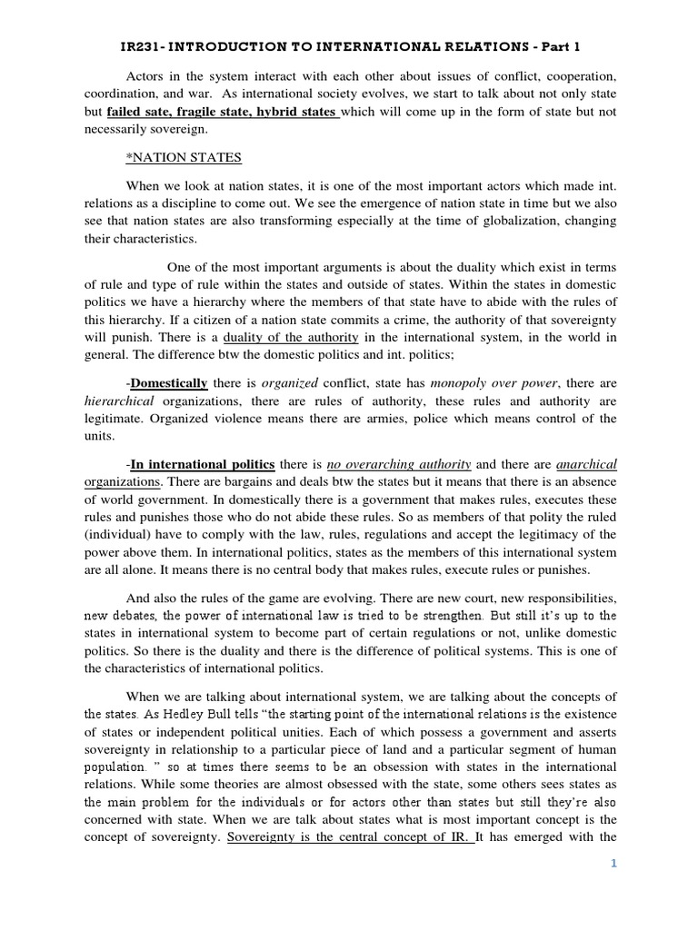 IR 231 Introduction To International Relations I - 1 | PDF | Sovereign ...