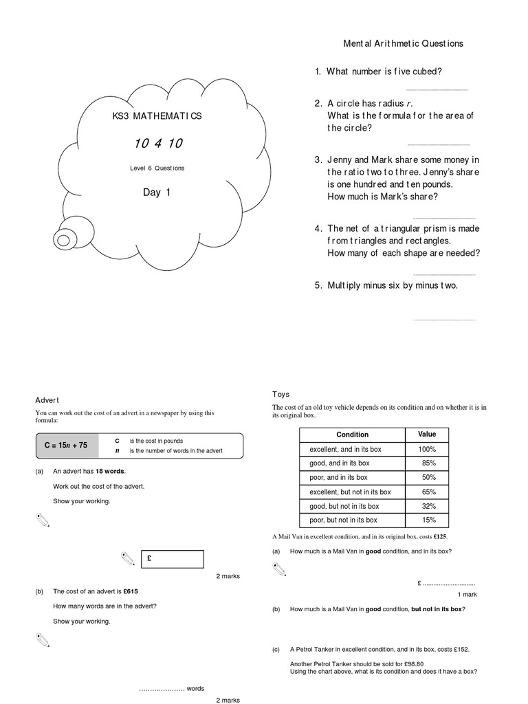 Year 9 Maths Questions Level 6 | Area | Numbers