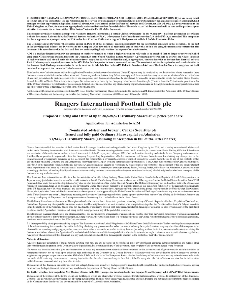 Rangers AIM Prospectus Overview | PDF | Securities (Finance) | Scottish ...