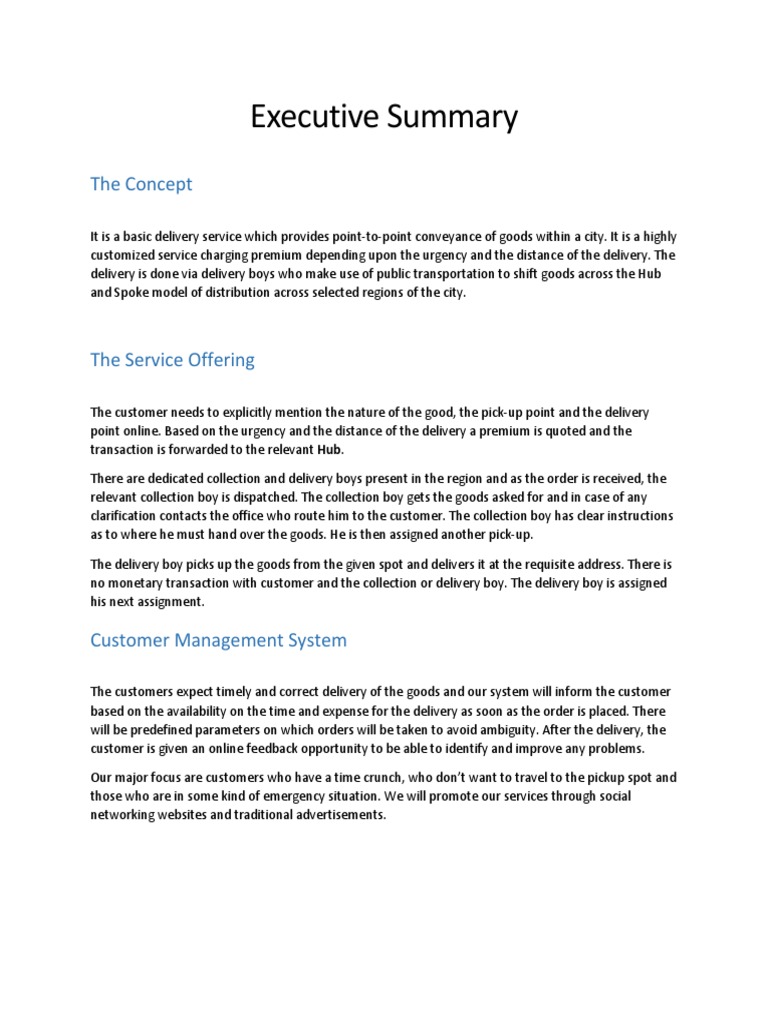 Executive Summary | PDF | Delivery (Commerce) | Pricing