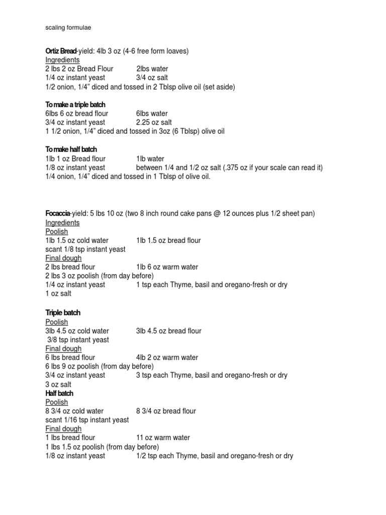 Bread Scaling Formulas for Recipes | PDF | Cooking, Food & Wine