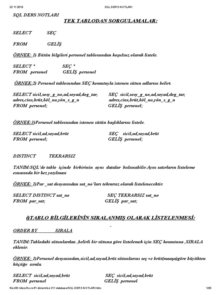 SQL Ders Notlari | PDF