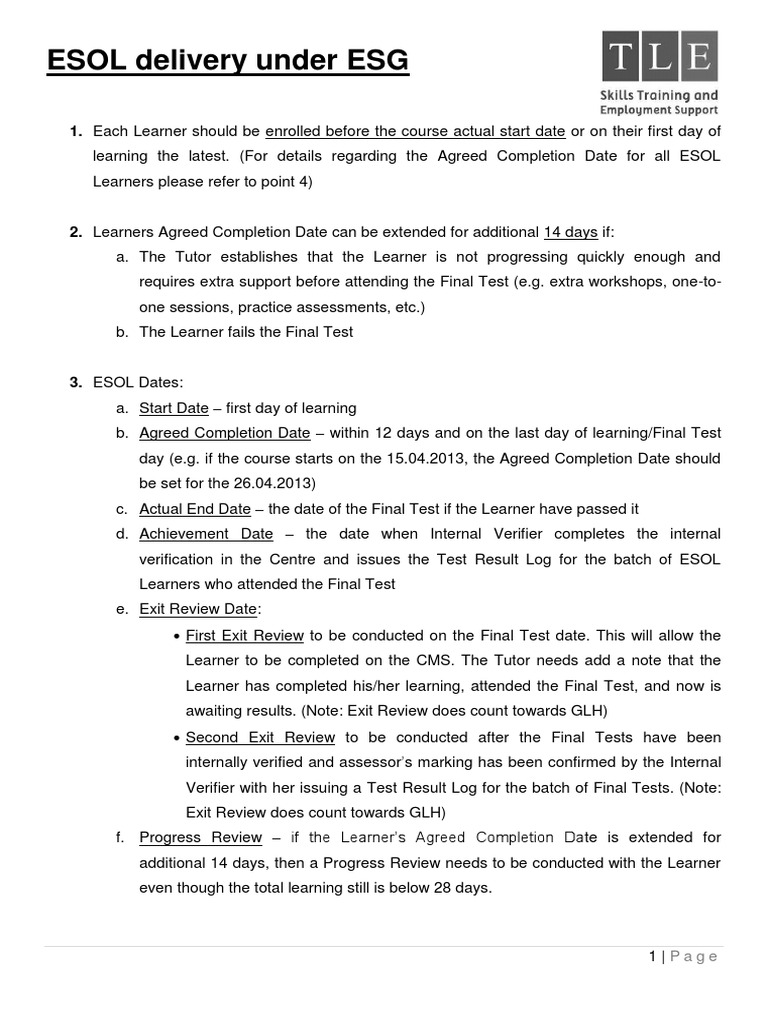 ESOL Delivery Under ESG | PDF | English As A Second Or Foreign Language ...