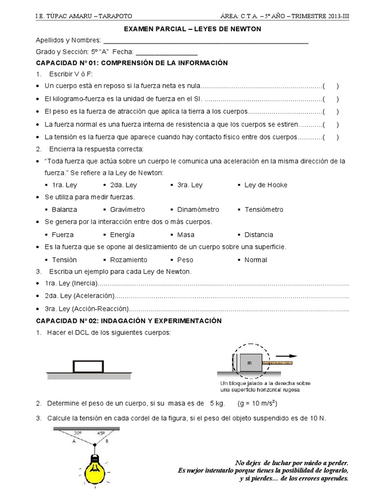 Cta05-Examen Parcial - Leyes de Newton | Fuerza | Las leyes del movimiento de Newton