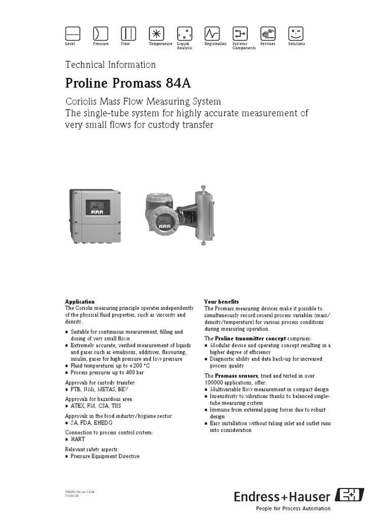 Proline Promass 84A: Technical Information | PDF | Density | Gases