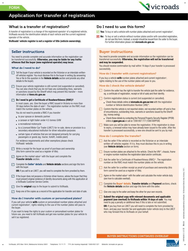 Vic Roads Transfer form | Vehicle Registration Plate | Cheque