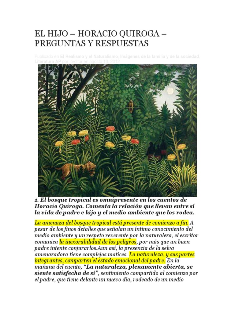 El Hijo - Horacio Quiroga - Preguntas y Respuestas | PDF