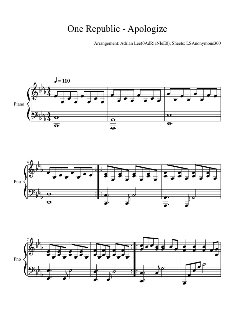 One Republic - Apologize: Arrangement: Adrian Lee (0adrianlee0), Sheets ...