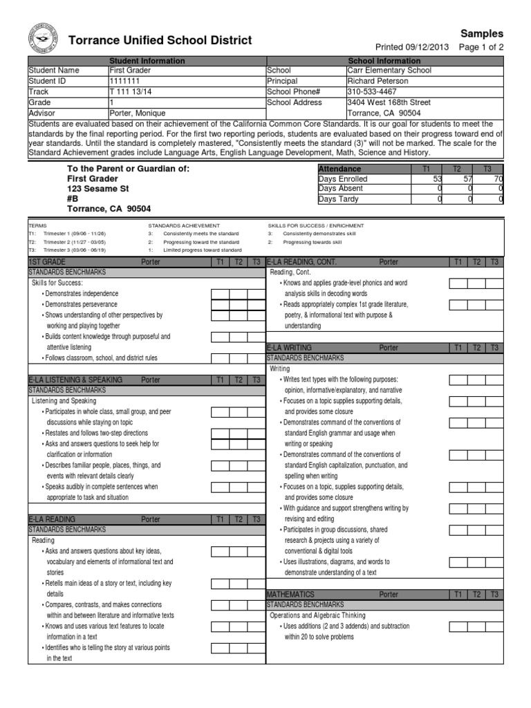New Torrance Unified Report Card | PDF | Cognition | Learning