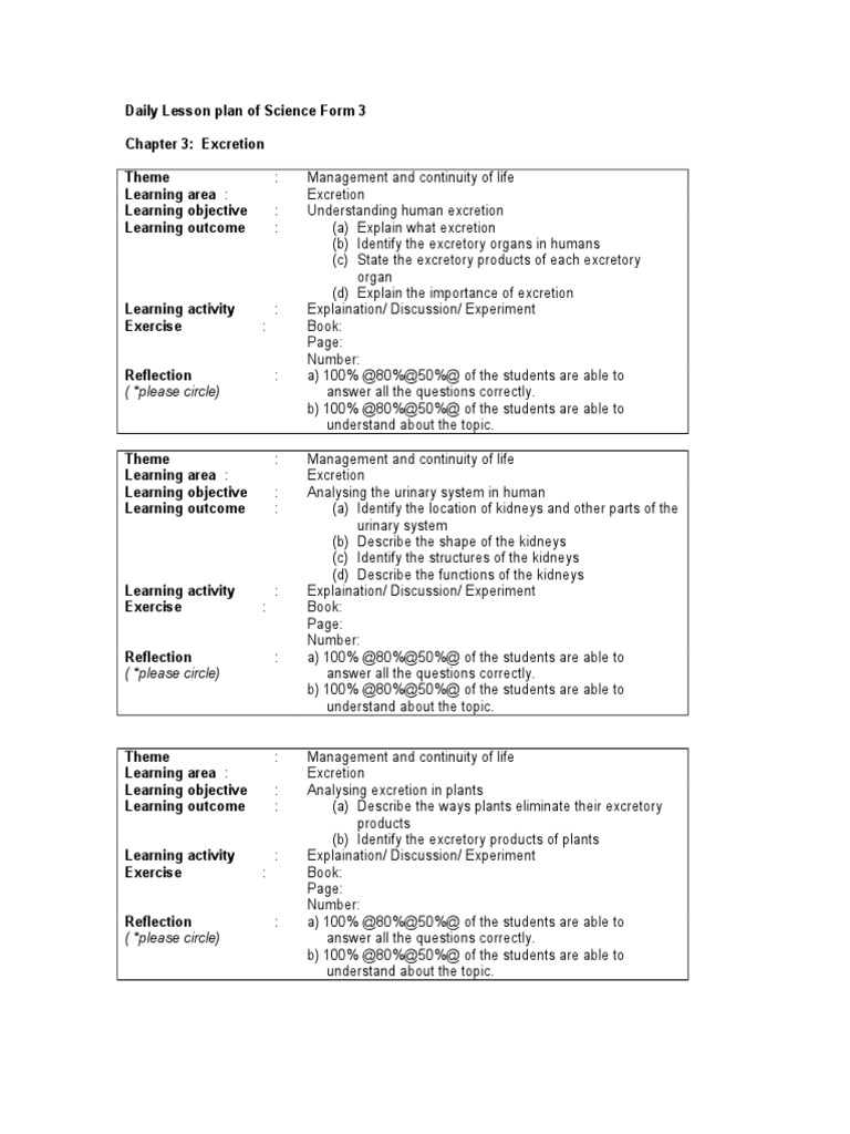 Form 3 Science: Excretion Lesson Plan | PDF | Teaching Methods & Materials