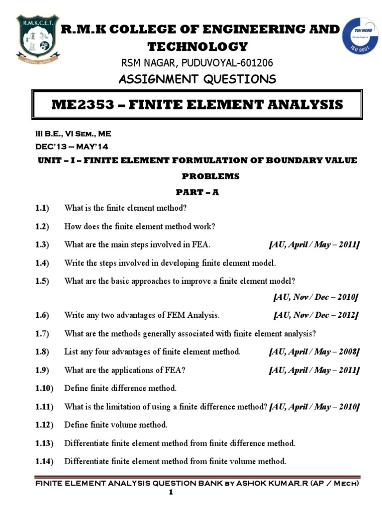 Assignment Booklet Me2353 Finite Element Analysis Dec 2013 May 2014 Pdf 5450