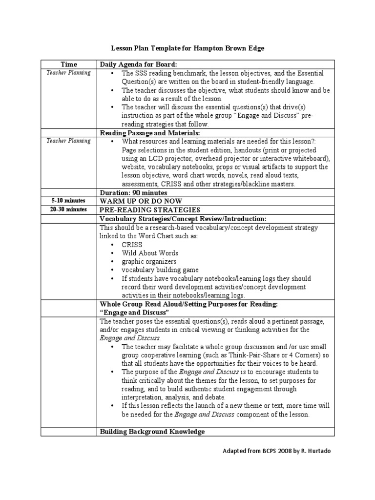 Lesson Plan Template for Hampton Brown Edge | Reading Comprehension ...