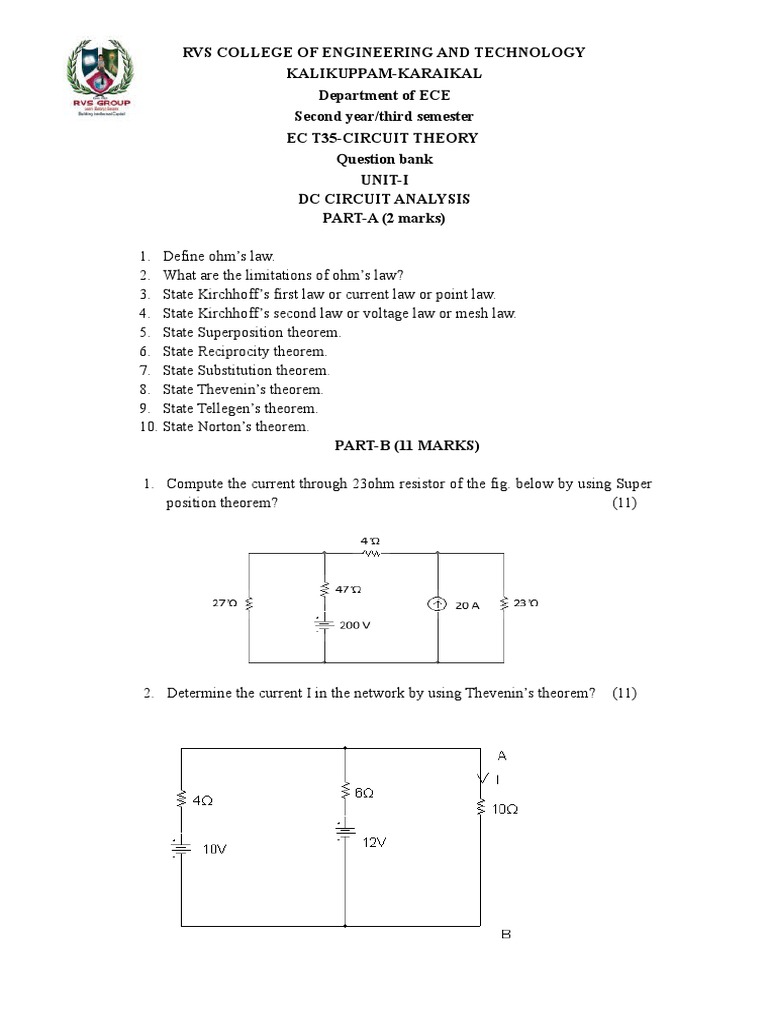 Circuit Theory Question Bank | PDF | Electrical Impedance | Electrical ...