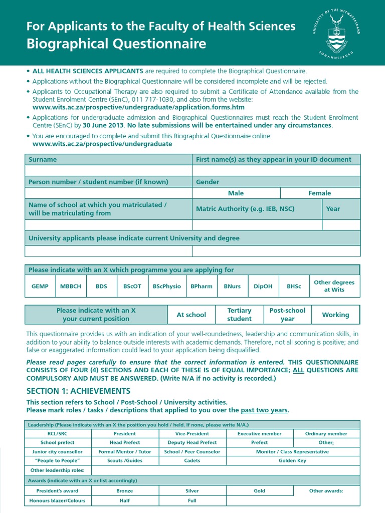 Biographical Questionnaire | University And College Admission | Sports