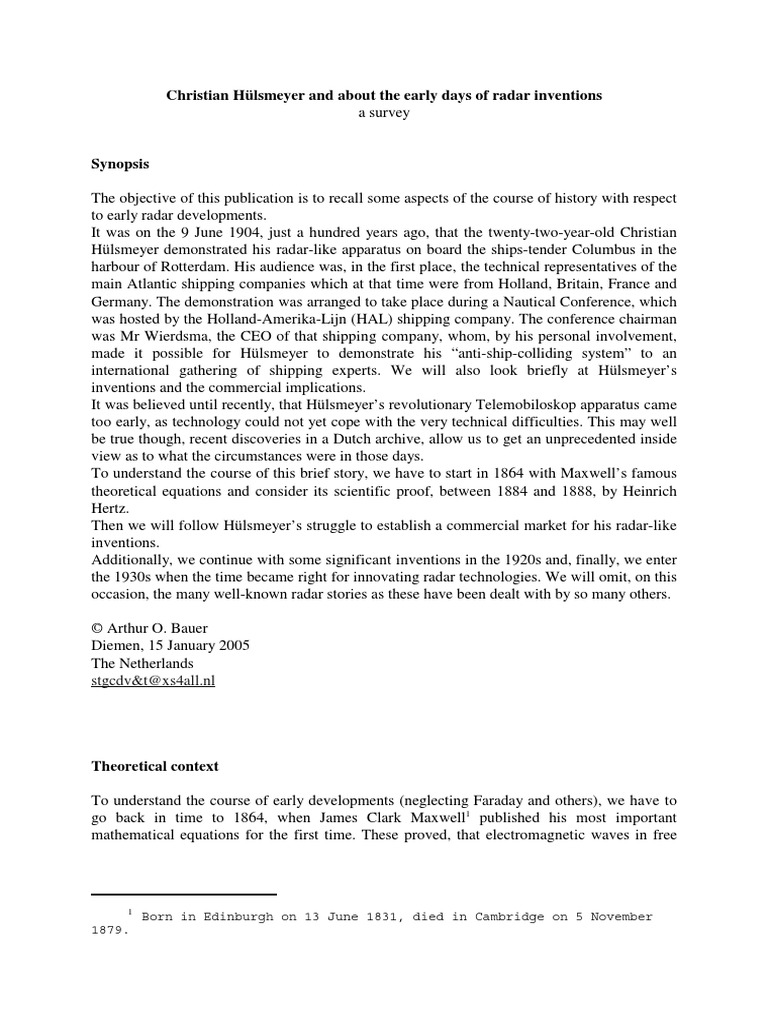 Christian Hülsmeyer and About The Early Days of Radar Inventions | PDF ...