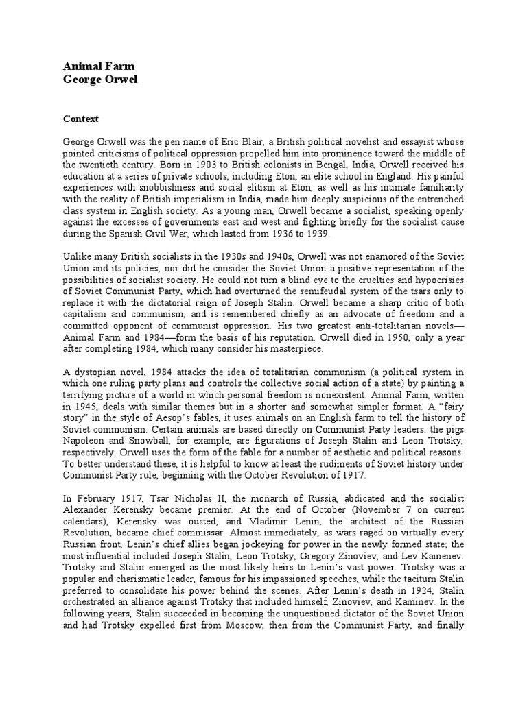 Animal Farm George Orwel: Context | PDF | George Orwell | Communism