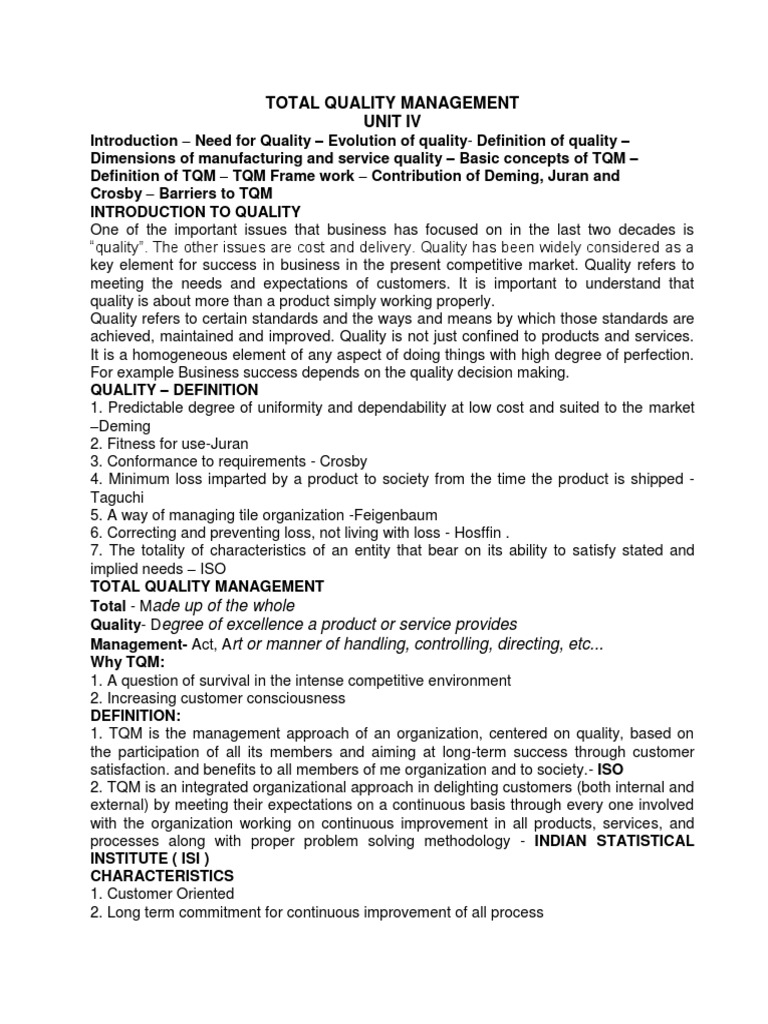 Total Quality Management Unit Iv | PDF | Quality Management | Quality ...