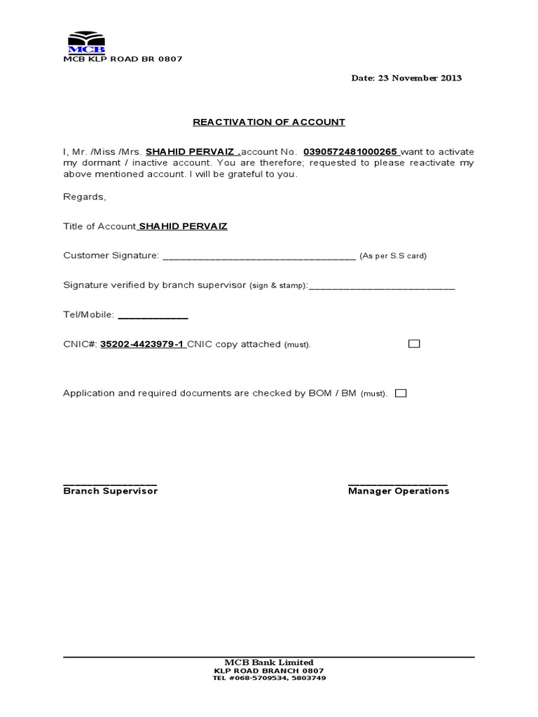 Reactivation Request for Dormant Account | PDF