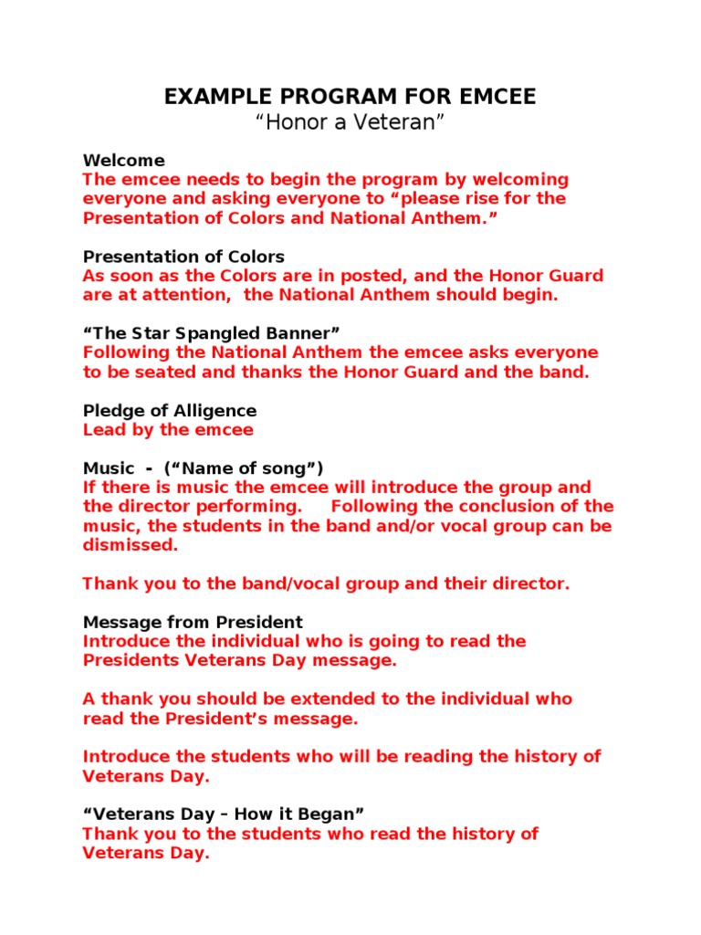 Example Program For Emcee: "Honor A Veteran" | PDF