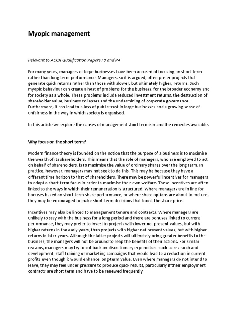Myopic Management: Relevant To ACCA Qualification Papers F9 and P4 ...