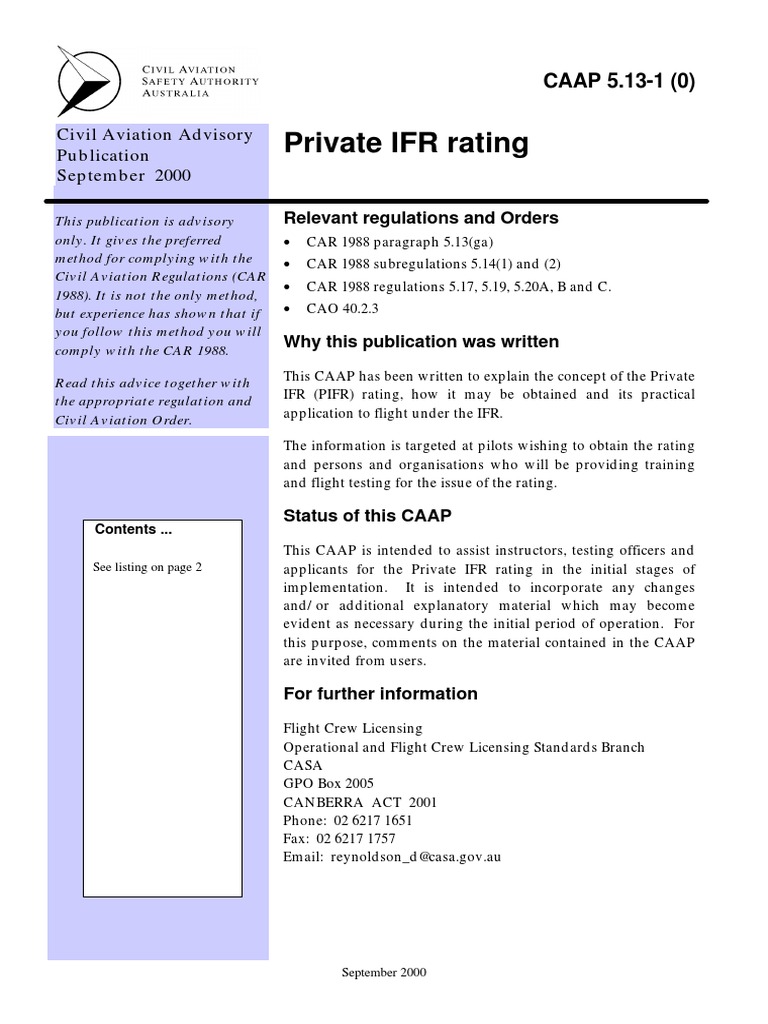 Private IFR Rating: Civil Aviation Advisory Publication September 2000 ...