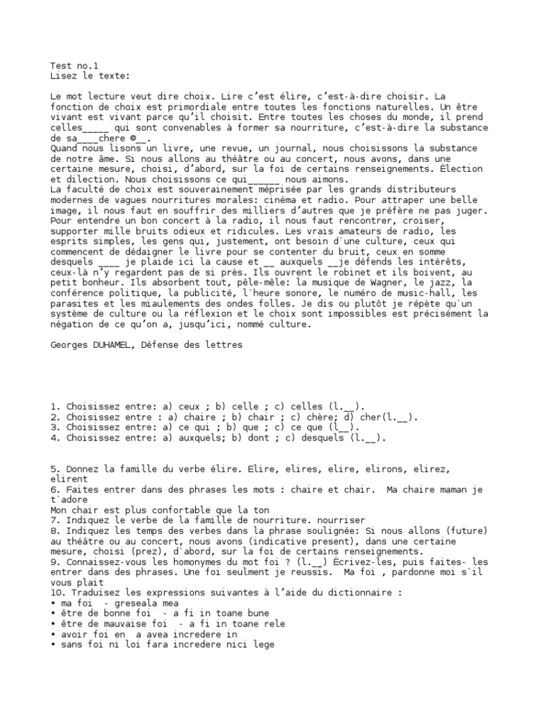 Teste de Limba Franceza | PDF