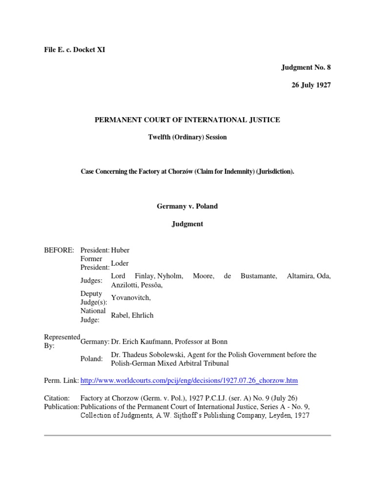 Chorzow Factory Case | PDF | Arbitration | Treaty