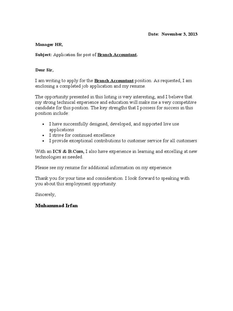 Application for Branch Accountant Position | PDF