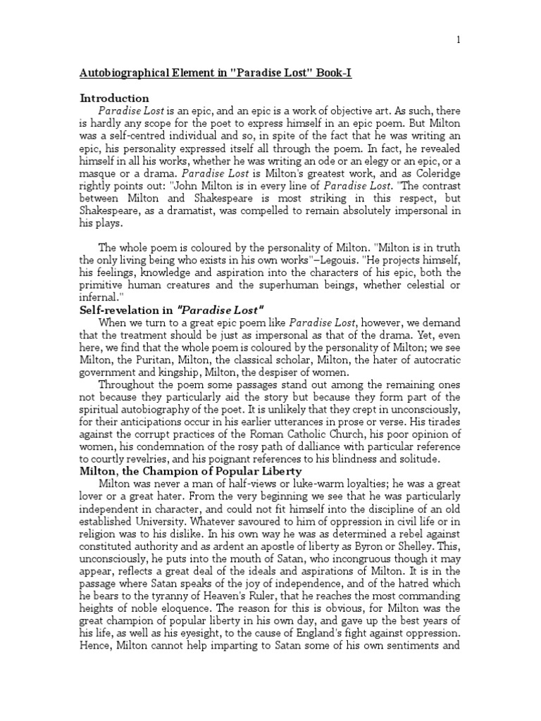 Autobiographical Element in "Paradise Lost" Book-I | PDF | Paradise ...