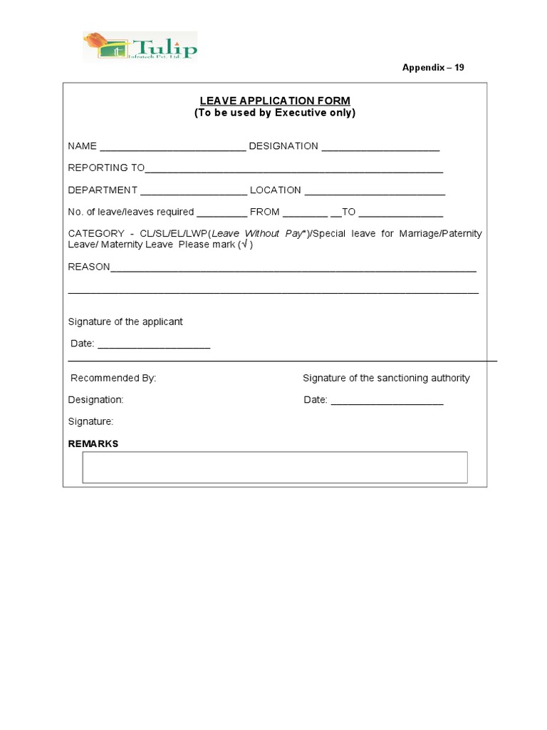 Leave Application Form (To Be Used by Executive Only) : Remarks | PDF