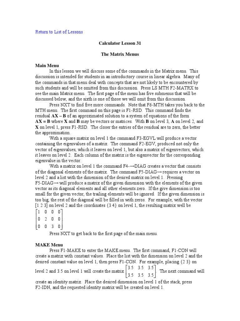 Calculator Lesson 31 The Matrix Menus Main Menu: Return To List of ...