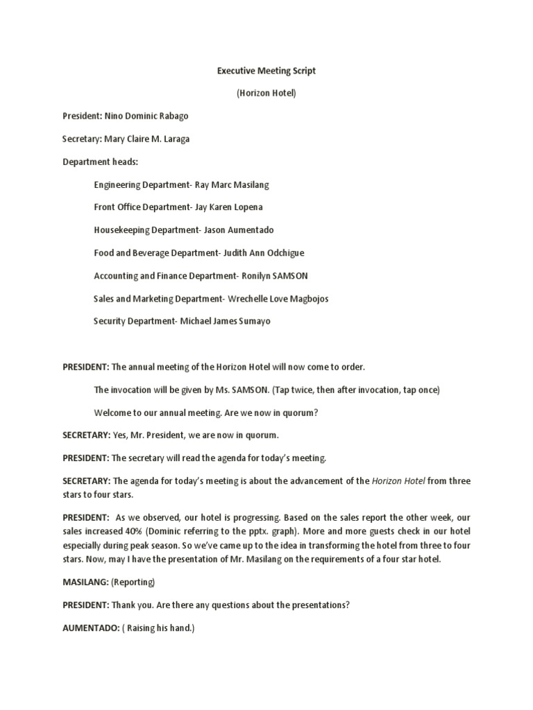 Executive Meeting Script for Hotel Upgrade | PDF | Career & Growth ...