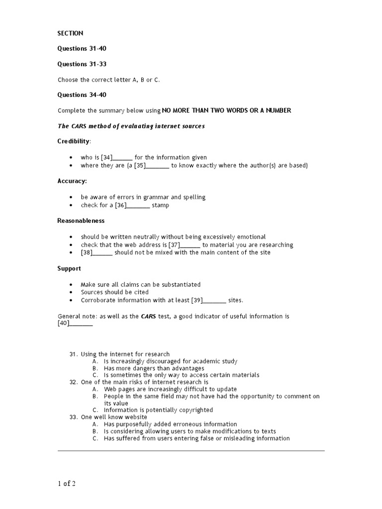 Section Questions 31-40 Questions 31-33: The CARS Method of Evaluating ...
