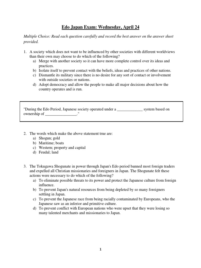 Edo Japan Exam | PDF | Japan | Empire Of Japan