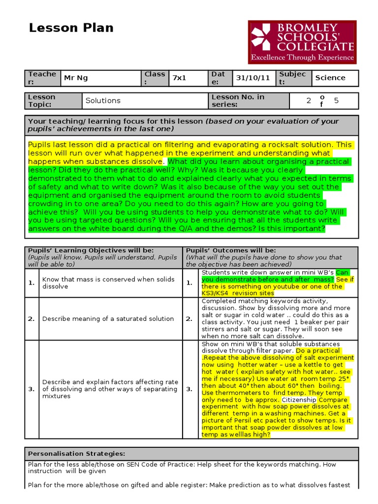 Lesson Plan On Dissolving Solutions | PDF | Lesson Plan | Solubility