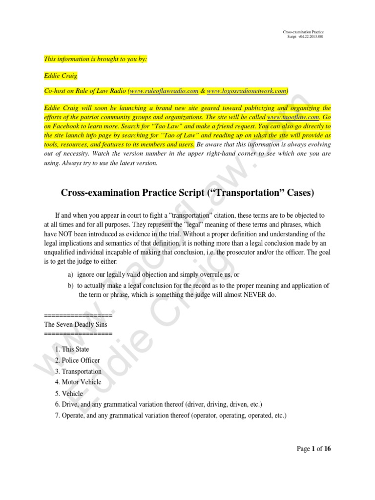 Cross Examination Practice Script v04.22.2013-001 | PDF | Perjury | Witness