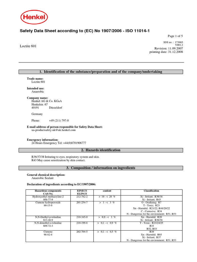 601 MSDS | Download Free PDF | Toxicity | Waste