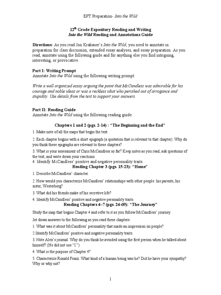 Into The Wild Reading and Annotations Guide | PDF | General Fiction