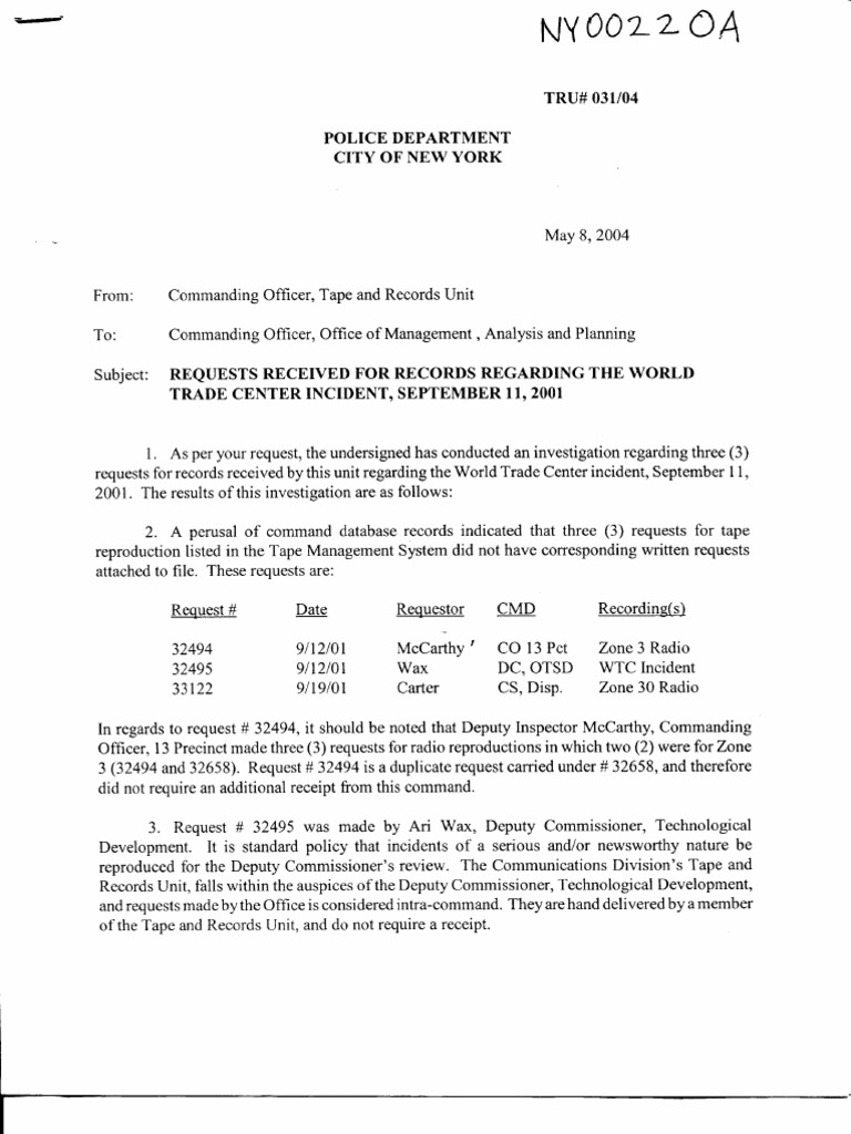 NY B36 Info Re Request FDR - Entire Contents - 5-8-04 NYPD Letter Re ...