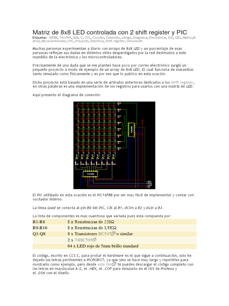 Matriz de 8x8 LED Controlada Con 2 Shift Register y PIC | PDF ...